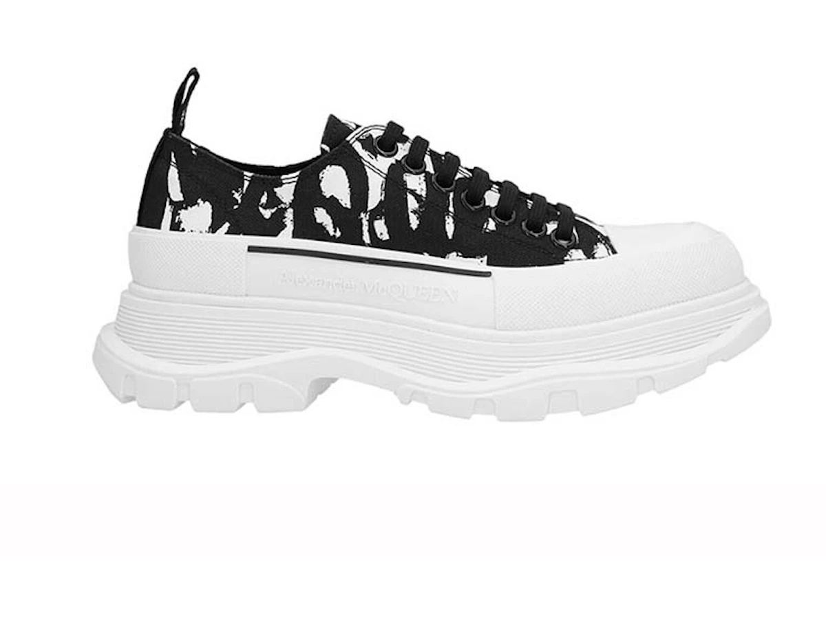 Alexander McQueen Graffiti Tread Slick Low Lace Up Black White
