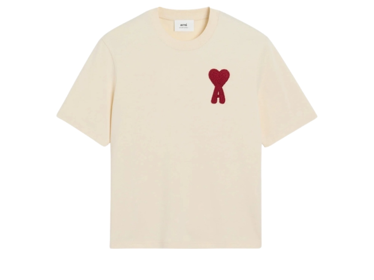Ami Paris De Coeur Patch Cotton T-Shirt Cream Red | ของแท้