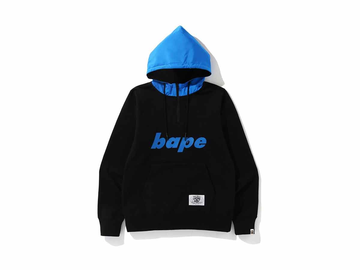 BAPE Mix Material Half Zip Pullover Hoodie Black | ของแท้