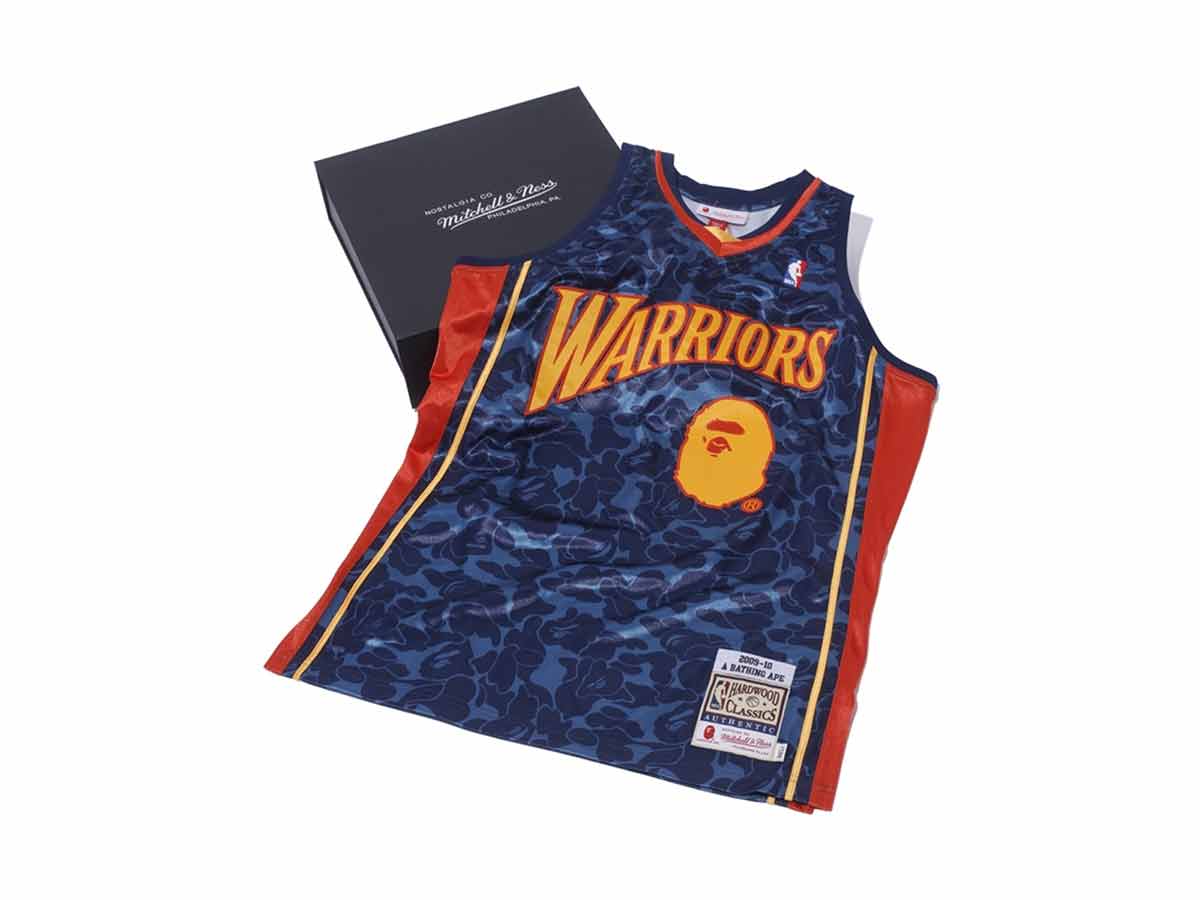 BAPE x Mitchell & Ness Warriors ABC Basketball Authentic Jersey Navy