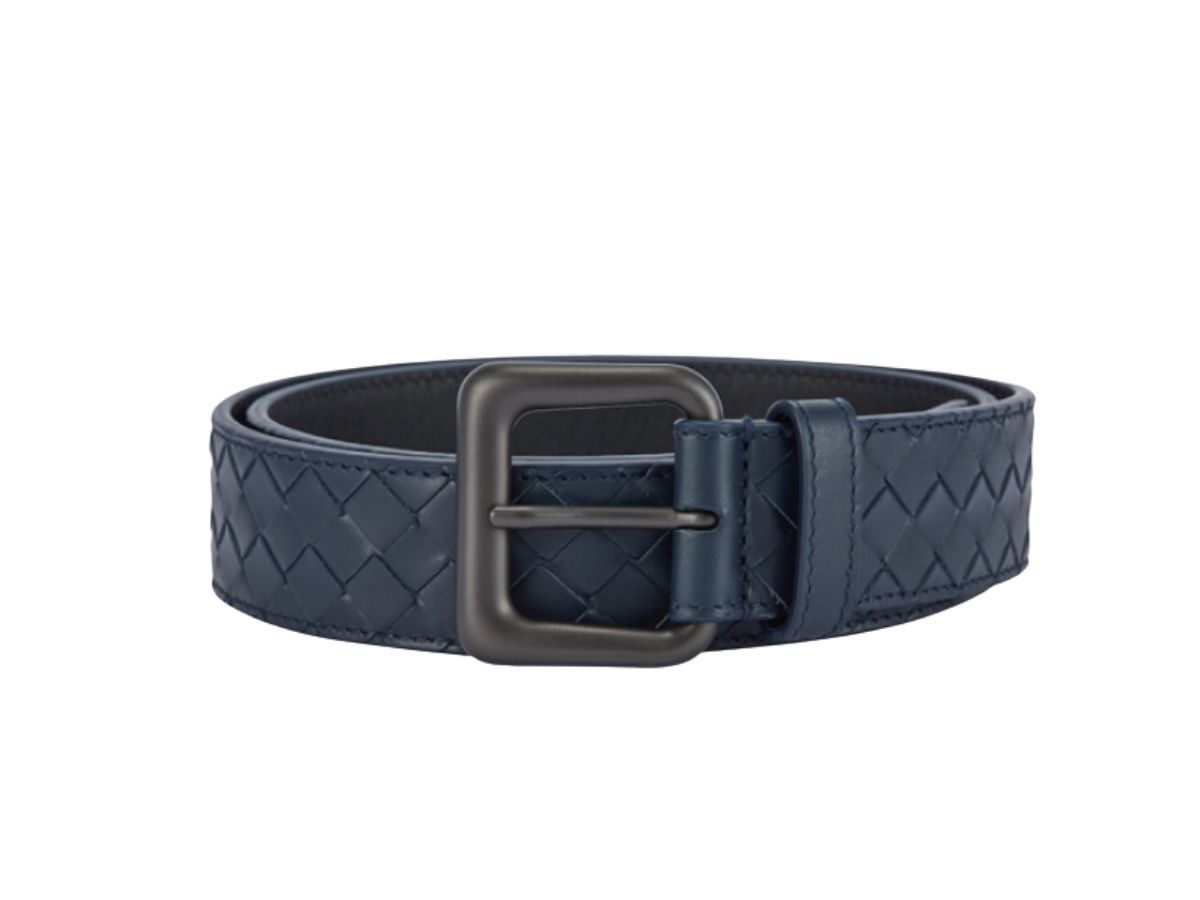 Bottega Veneta BV Men's Dark Blue Leather Knitted Pin Buckle Belt Belt
