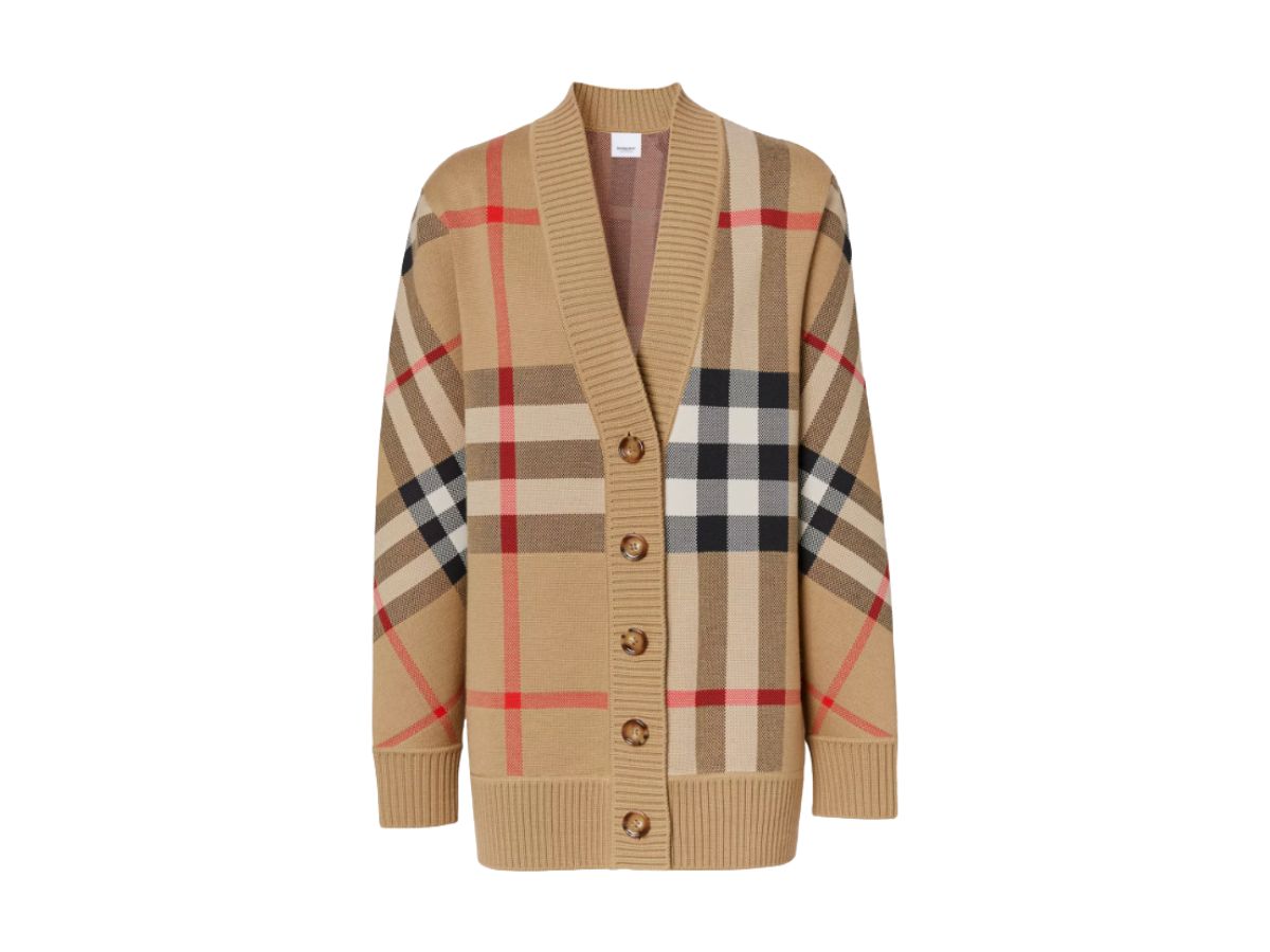 Burberry Check Technical Wool Jacquard Cardigan Beige