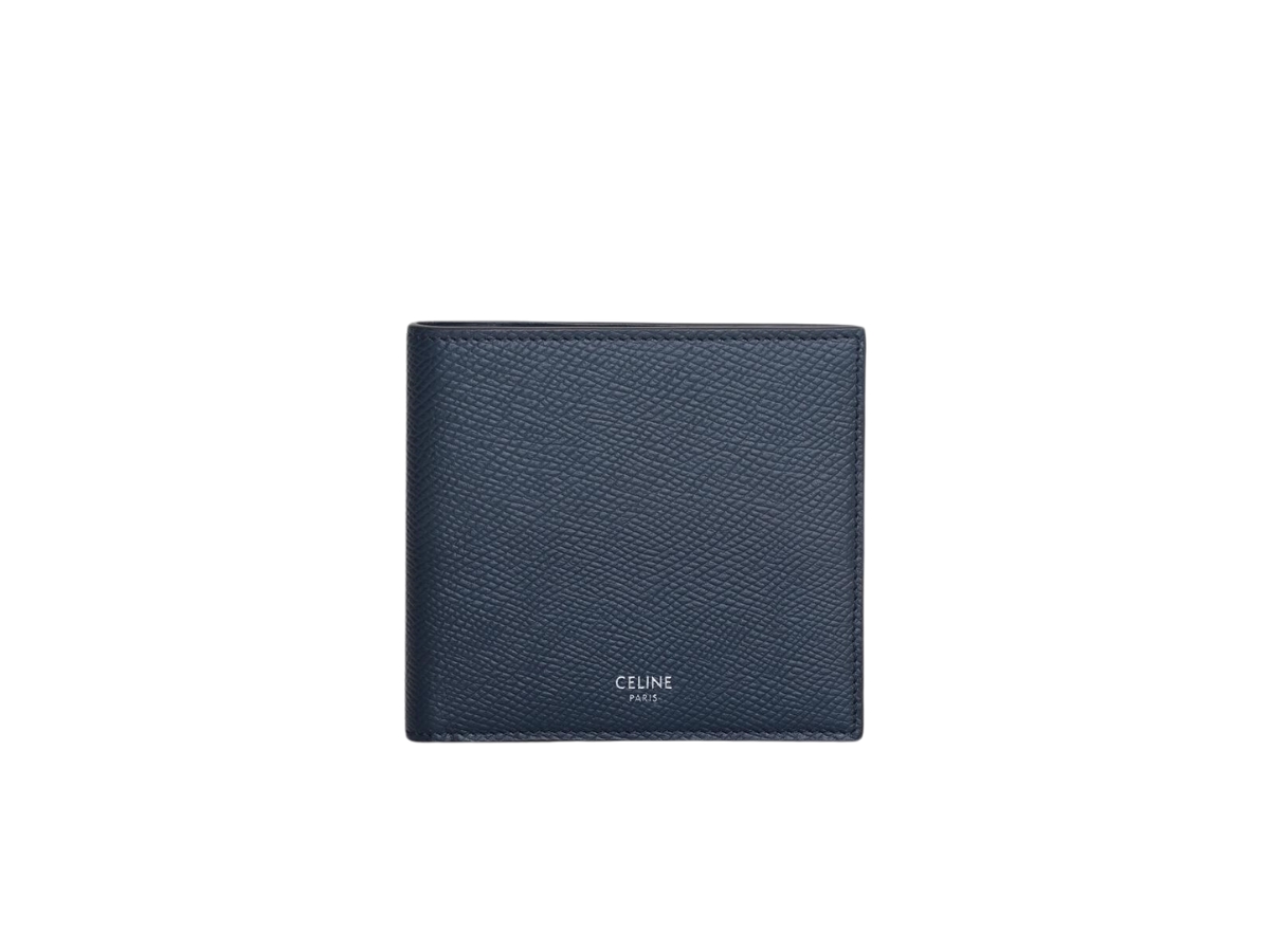 Celine Bi-Fold Wallet In Grained Calfskin With Silver Finishing Navy Blue