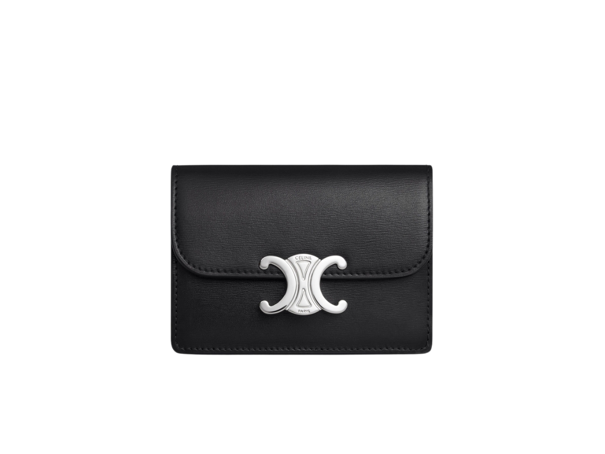 Celine Card Holder With Flap Triomphe In Shiny Calfskin With Silver Finishing Black