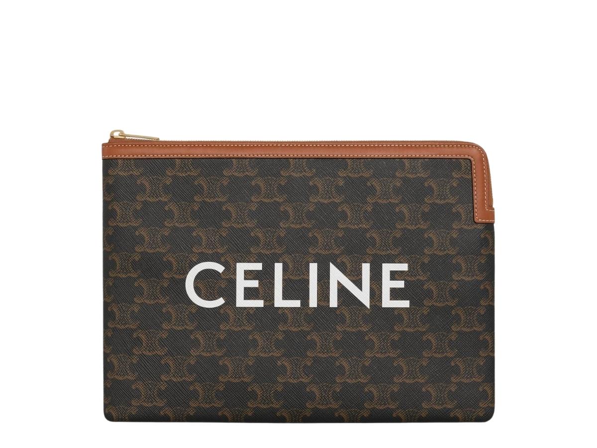Celine Small Pouch In Triomphe Canvas And Lambskin With Gold Finishing Tan