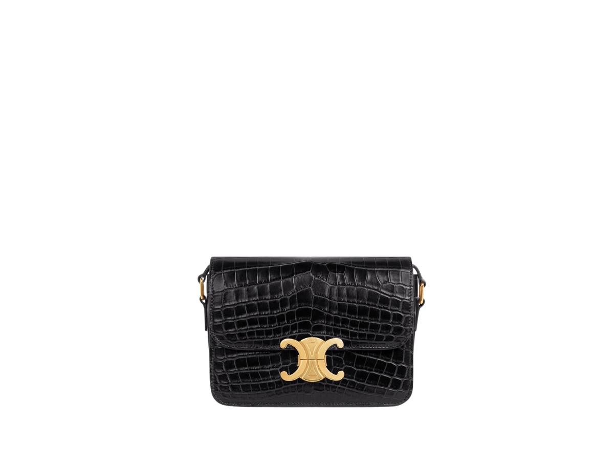 Celine Teen Triomphe Bag In Crocodile With Gold Metal Hardware Black
