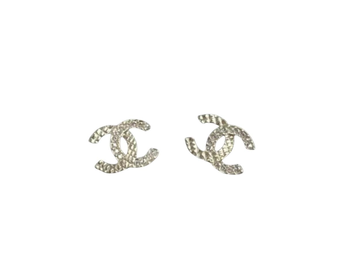 Chanel Chassic CC Earrings In Rhinestone and Diamond Pattern Gold