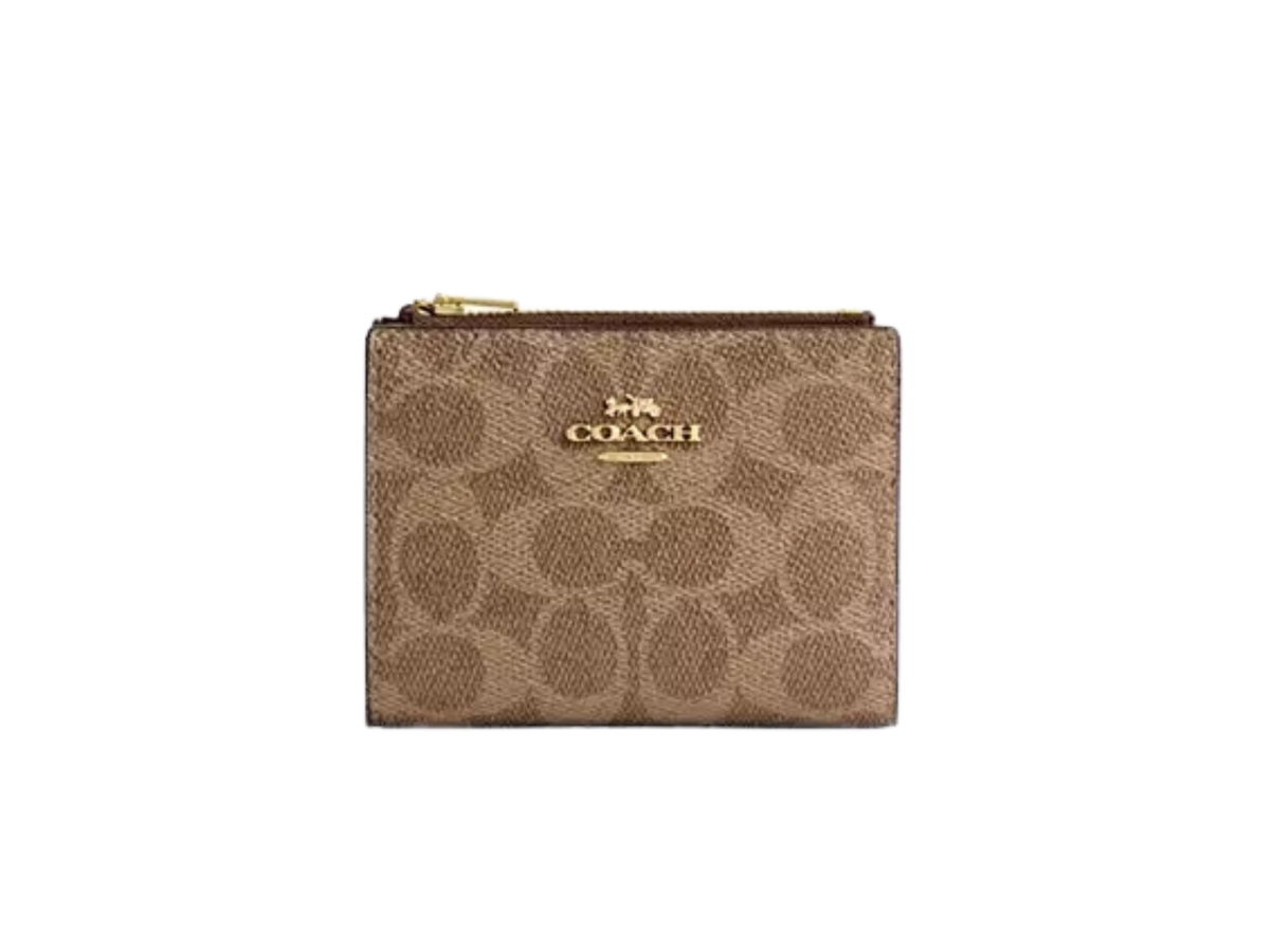 Coach Bifold Wallet n Signature Canvas With Gold Tone Hardware Tan/Brown