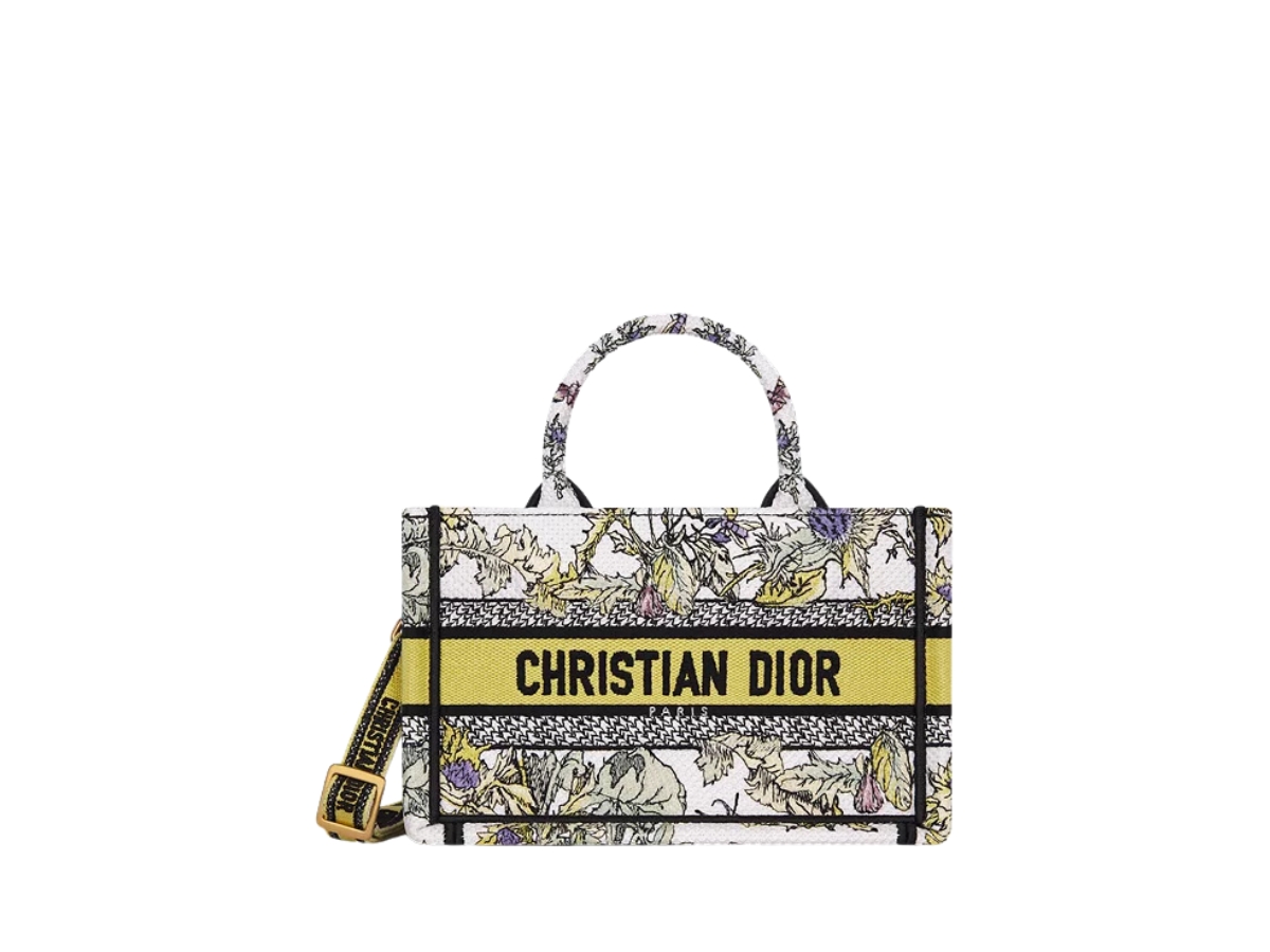 Dior Mini Dior Book Tote In White Embroidery With Yellow Dior Chardons ...