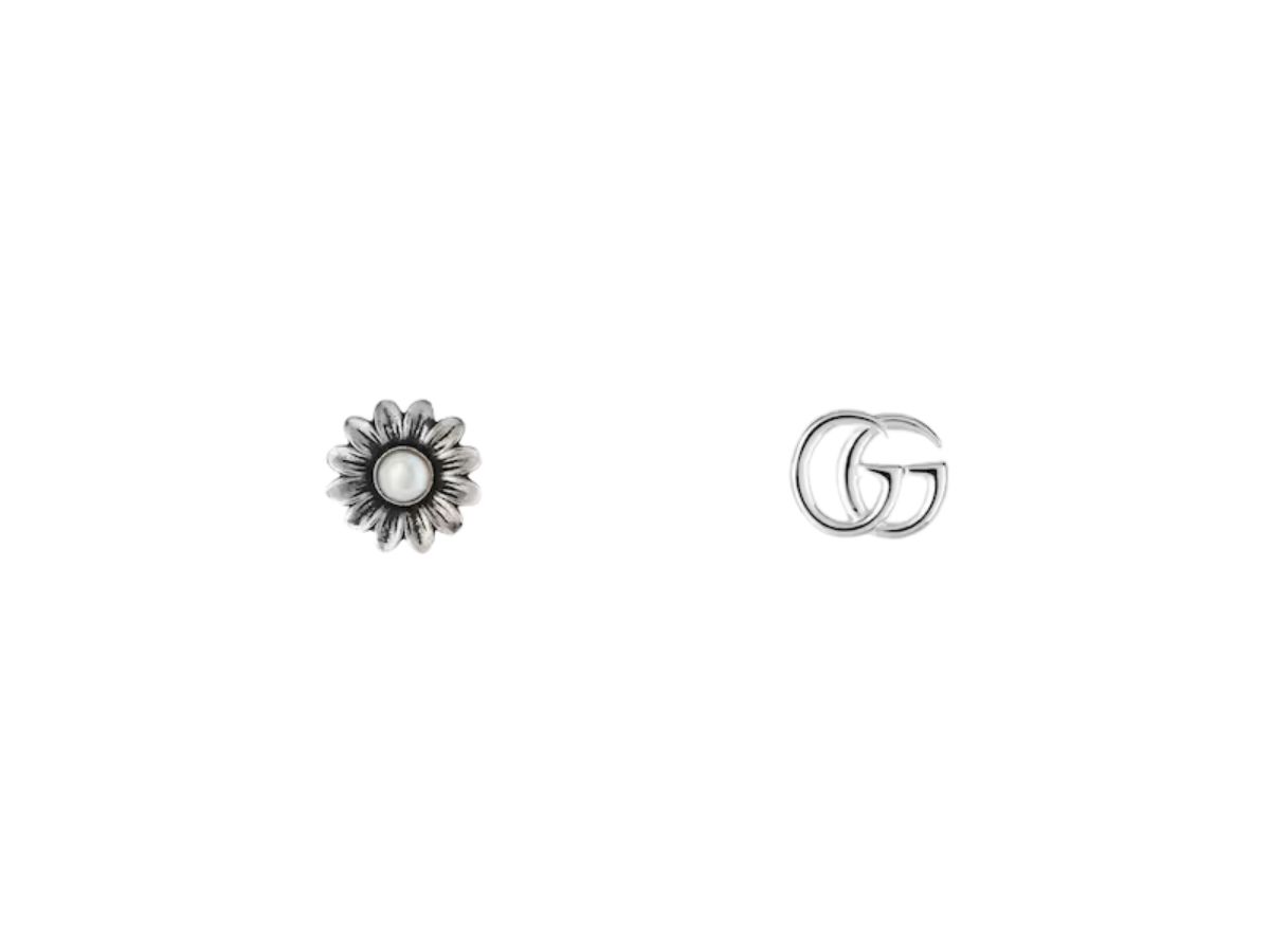 Gucci Double G Flower Stud Earrings Sterling Silver With Aged Finish