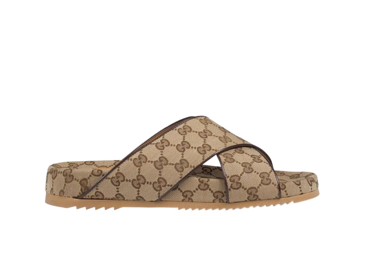 Gucci GG Slide Sandal In Beige And Ebony Supreme Canvas