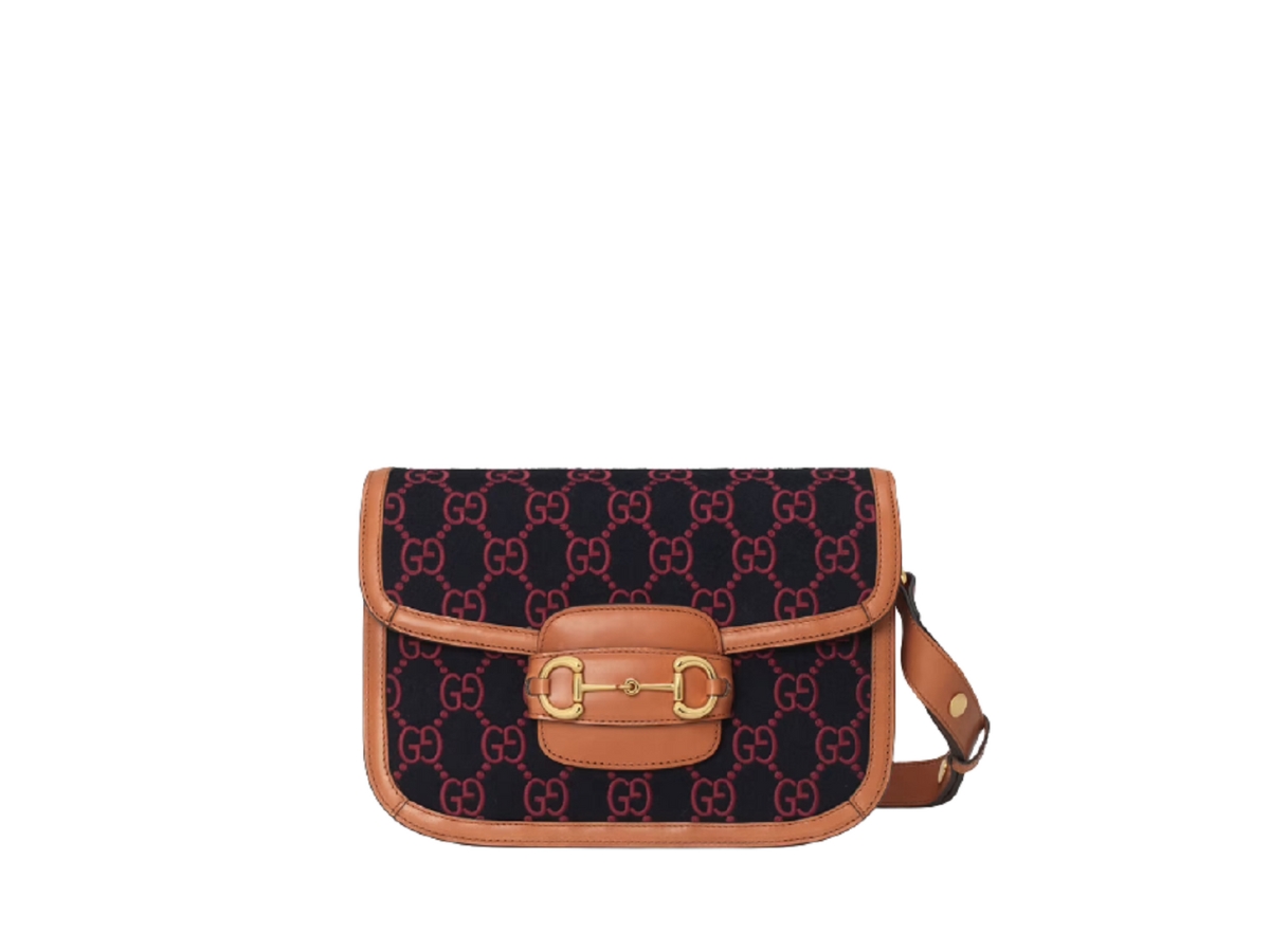 Gucci Horsebit 1955 Small Shoulder Bag In Blue-Red GG Wool Fabric-Brown ...