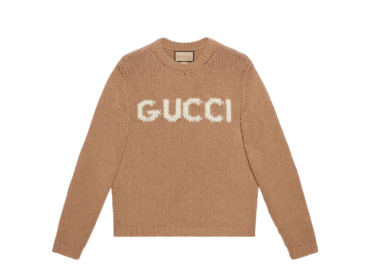 Gucci Knit Wool Jumper With Gucci Intarsia Camel Ivory