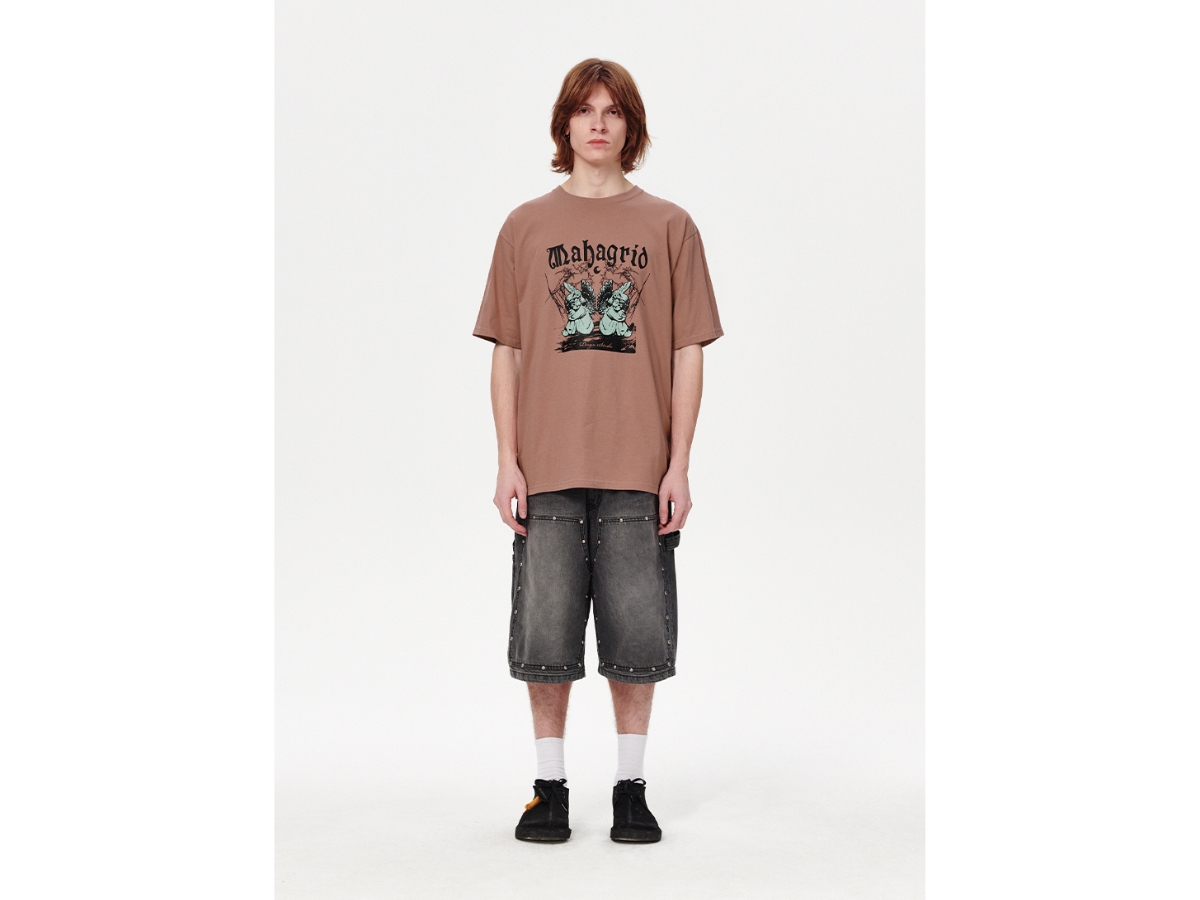 Mahagrid Stud Double Knee Denim Short Black | ของแท้