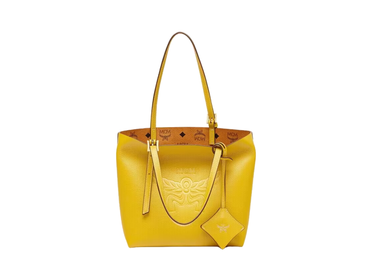 MCM Mini Himmel Shopper In Embossed Logo Leather Lemon Gold