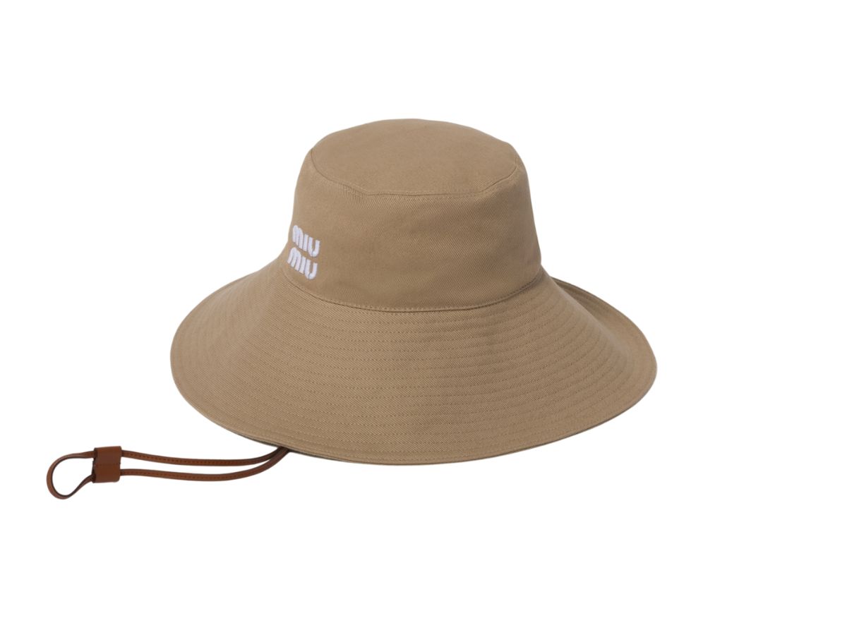 Miu Miu Drill Hat With Embroidered Logo Khaki-White