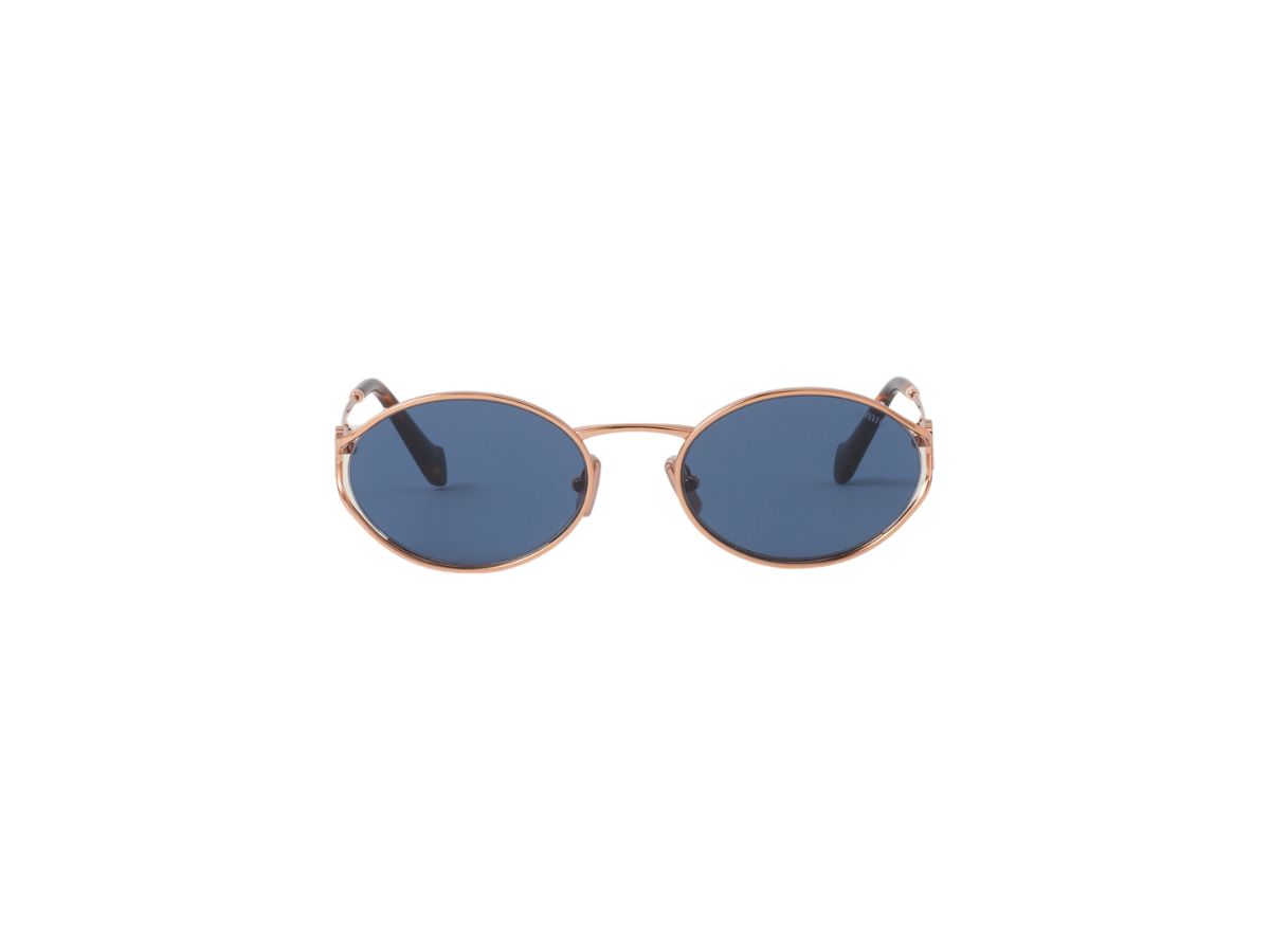 Miu Miu Logo Sunglasses In Rose Gold Metal Frame With Blue Lenses