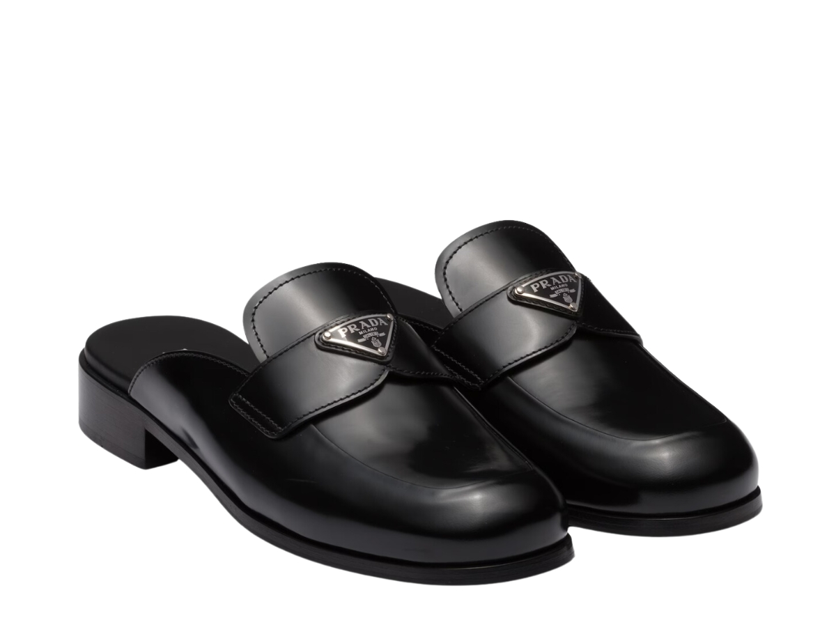 Prada Brushed Leather Mules With Enameled Metal Triangle Logo Black