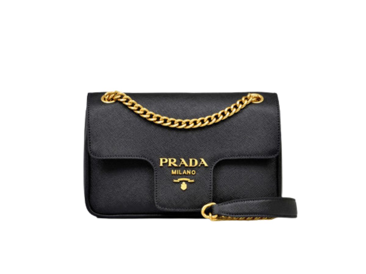 Prada Saffiano Leather Chain Shoulder Bag With Metal Lettering Logo Black