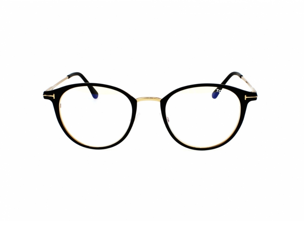 Tom Ford TF-5528-B-002-49 Glasses In Black Acetate-Metal Frame-Shiny Metal T Logo With Clear Lenses