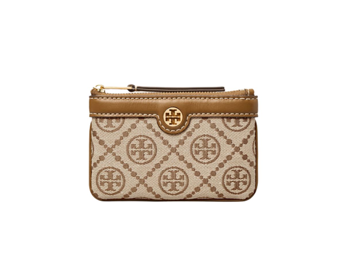 Tory Burch T Monogram Card Case Key Ring In Woven Jacquard Hazelnut