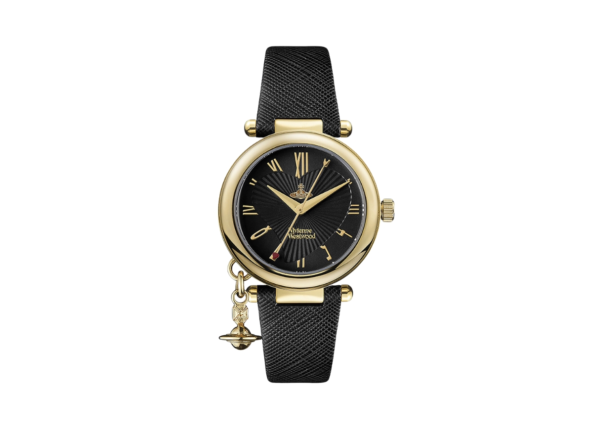 Vivienne Westwood Orb Heart 30 MM In Black Leather And Gold-Tone Bezel ...